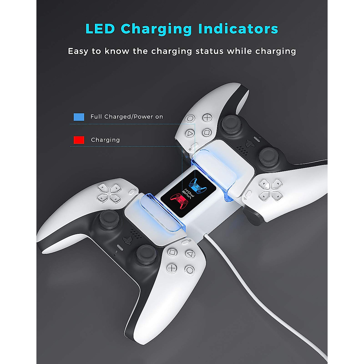 Vivefox Upgraded PS5 Controller Charger, Dual Charging Dock Station for Playstation 5 PS5 Controller with 5V/1.2A Fast Charging Cable, Playstation 5 Charging Station with LED Indicator