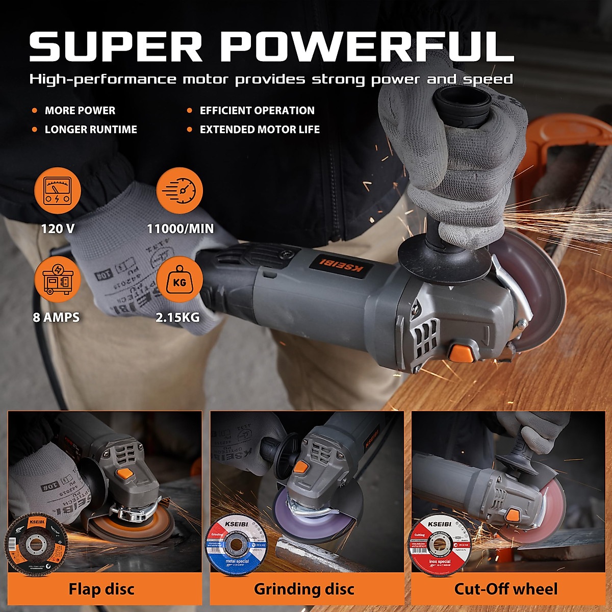 KSEIBI 711943K Angle Grinder Tool - 4 1/2 inch, 950W, 8Amps, 11000RPM, Corded Power Tools Long Handle with 7/8" Arbor Grinding and Cutting Wheels, Flap Disc, Quick Adjustable Guard, and Storage Bag