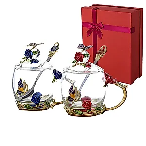 Guon-Wuvl 2 Pack Flower Teacup Transparent Glass Teacup, (With Spoon + Lid), Fancy Tea Cups, Flower Tea Cup,Tea Cup Gift, Tea Sets for Women,Gifts for Women (E)