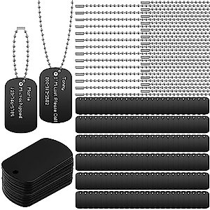 Military Dog Tags Set Blank Bulk Aluminum Blank Dog Tags Ball Steel Chain Rectangle Metal Stamping Tags for DIY Decorative Craft Pet Dog Identification Tags Supplies, Black(200 Sets)