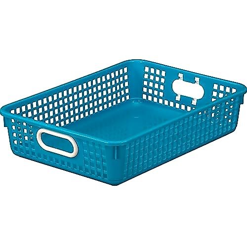 Really Good Stuff Plastic Desktop Paper Storage Baskets for Classroom or Home Use – 14”x10” Plastic Mesh Baskets Keep Papers Crease-Free and Secure – Blue Neon Basket With White Handles (1 Basket)