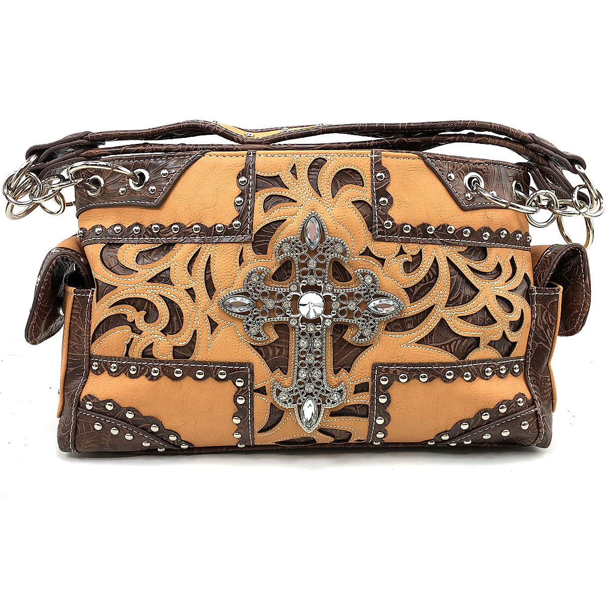 Justin West Tooled Western Leather Laser Cut Rhinestone Cross Shaped Studded Shoulder Concealed Carry Handbag Purse (Tan)