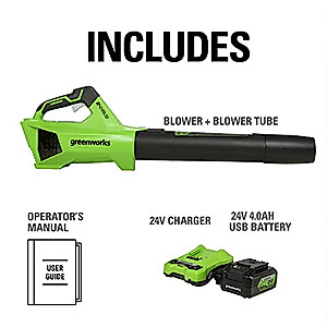 Greenworks 24V Brushless Axial Blower (110 MPH / 450 CFM), 4Ah USB Battery and Charger Included