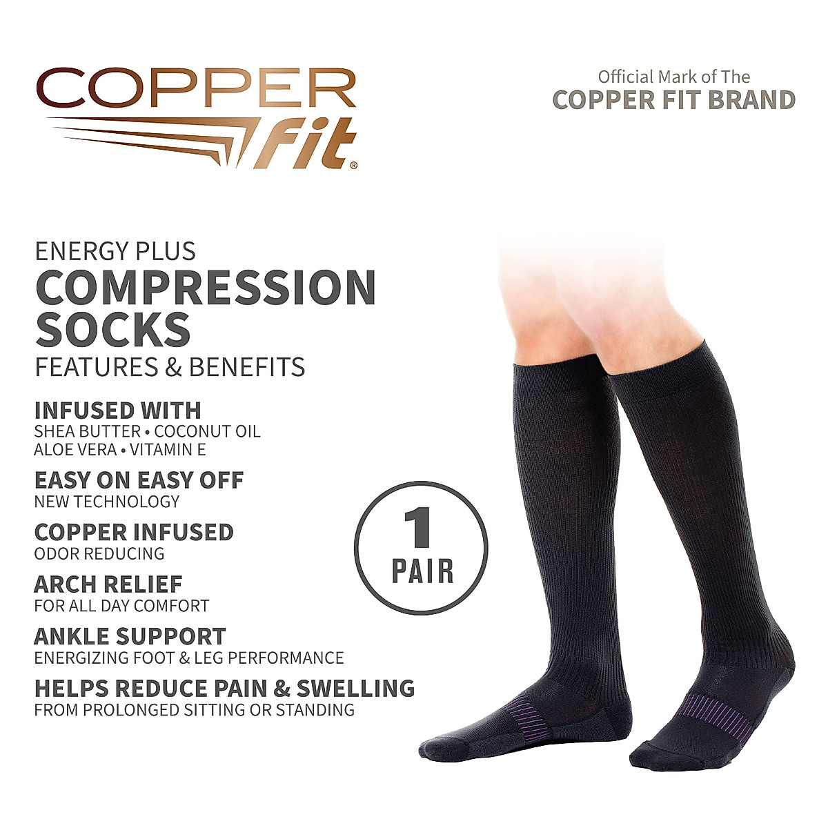 Copper Fit unisex adult Moisturizing Energy Plus Easy On Easy Off Knee High Compression Socks, Black, Small-Medium US