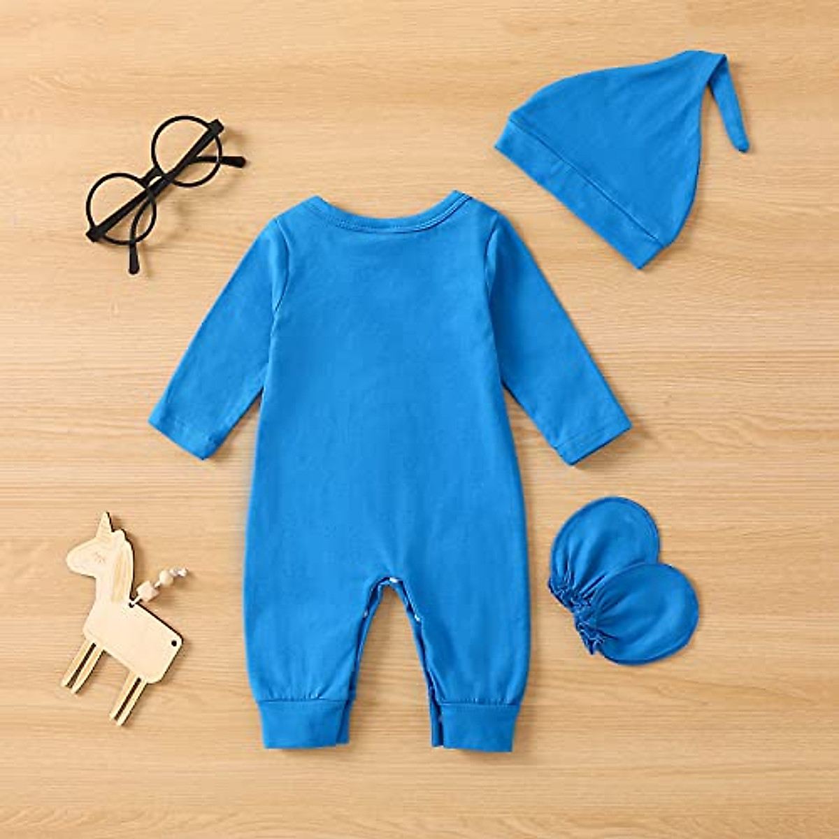 GRNSHTS Newborn Baby Boy Romper Coming Home Outfits Letter Print Bodysuit Jumpsuit+Hat+Gloves 3PCS Clothes Set (Royal Blue, Newborn)