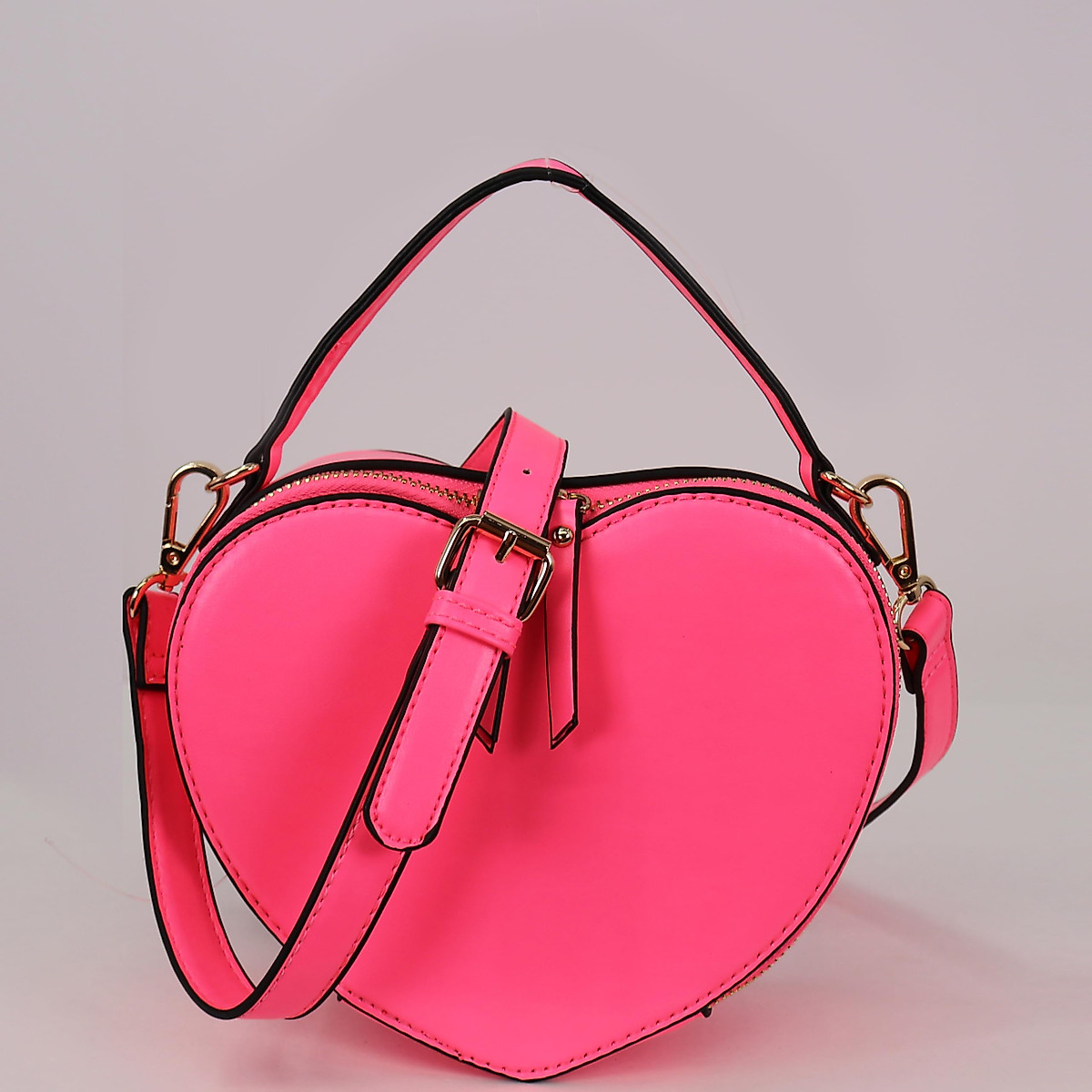 Trendeology Cute Heart Shape Girls Womens Vegan Leather Small Handle Satchel Crossbody Purse (Neon-Pink)