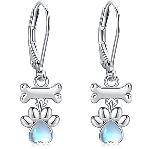 Dog Earrings 925 Sterling Silver Dog Paw Dangle Drop Earrings Dog Bone Leverback Earrings Moonstone Dog Print Earrings Animal Dog Paw Jewelry for Women