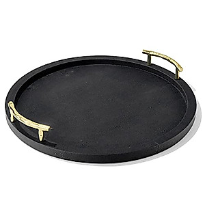 American Atelier Round Serving Tray- Large Decorative Platter w/Carry Handles in Gorgeous Leatherette Finish Perfect for Food, Drinks, Ottoman or Centerpiece, Gray/Green, 1630071, 17''