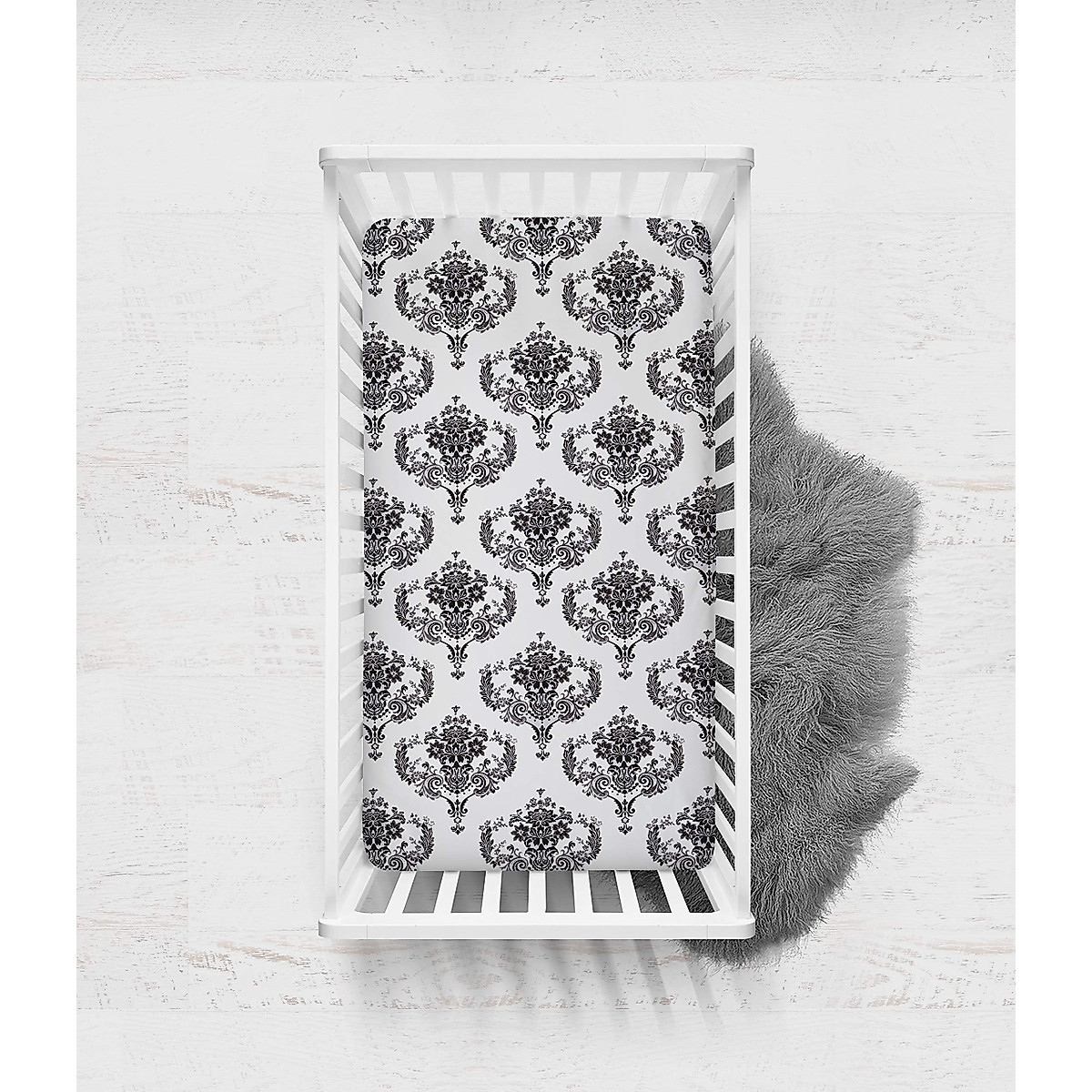 Bacati- Classic Damask White/Black Crib Fitted Sheet