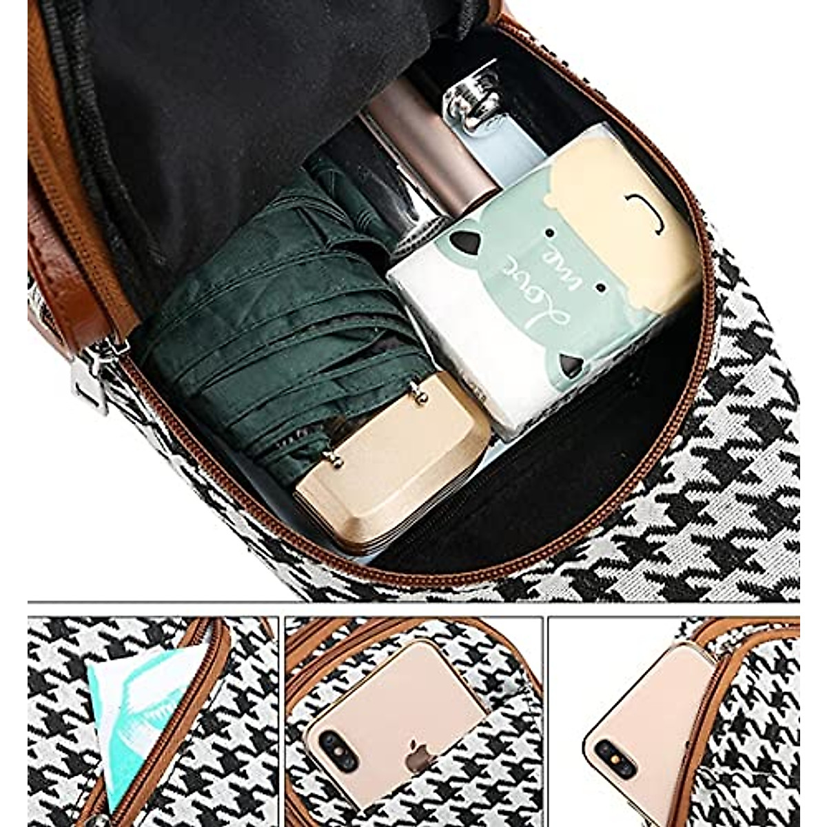 DAISHA Houndstooth canvas Casual Sling Backpack Multi-pocket,Travel Hiking Chest Bag Crossbody Daypack for Men & Women., Black, ytt3717