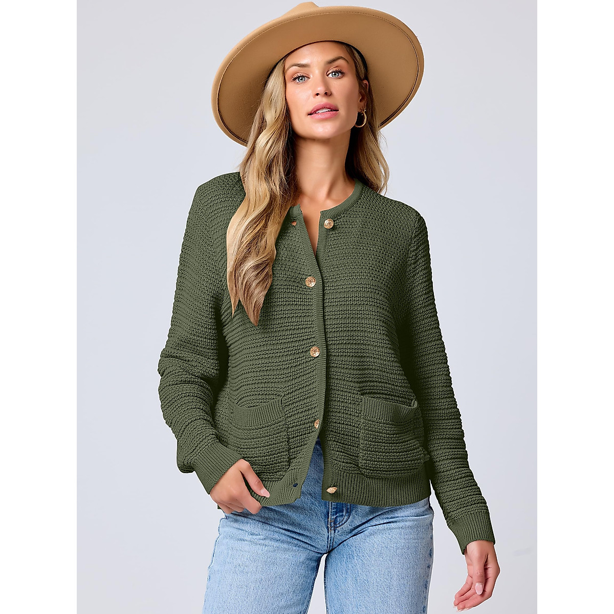 ANRABESS Women's Tweed Knit Cardigan Sweater Casual Long Sleeve Cropped Button Down Lady Jackets 2025 Spring Fashion Outwear Army Green Medium