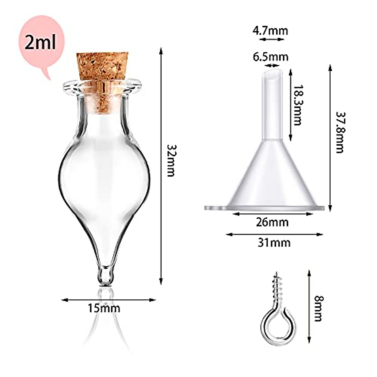 2 ml Mini Teardrop-shaped Glass Bottles Jars with Cork Stoppers with Eye Screws and 3 Small Funnels for Decoration, Art Crafts, DIY Projects, Party Favors (93 Pieces)