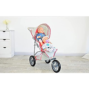 KOOKAMUNGA KIDS Baby Doll Stroller Deluxe Double | Foldable Twin Jog Pram | Retractable Canopy | Premium Pink & Gray Fabric | Soft Grip Handle | Storage Basket Underneath