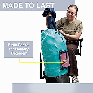 Laundry Bag Backpack with Shoulder Straps and Mesh Pocket Laundry Backpack Large Portable Laundry Hamper for College Laundromat Apartment with Drawstring Closure, Adjustable Back Straps (Turquoise)