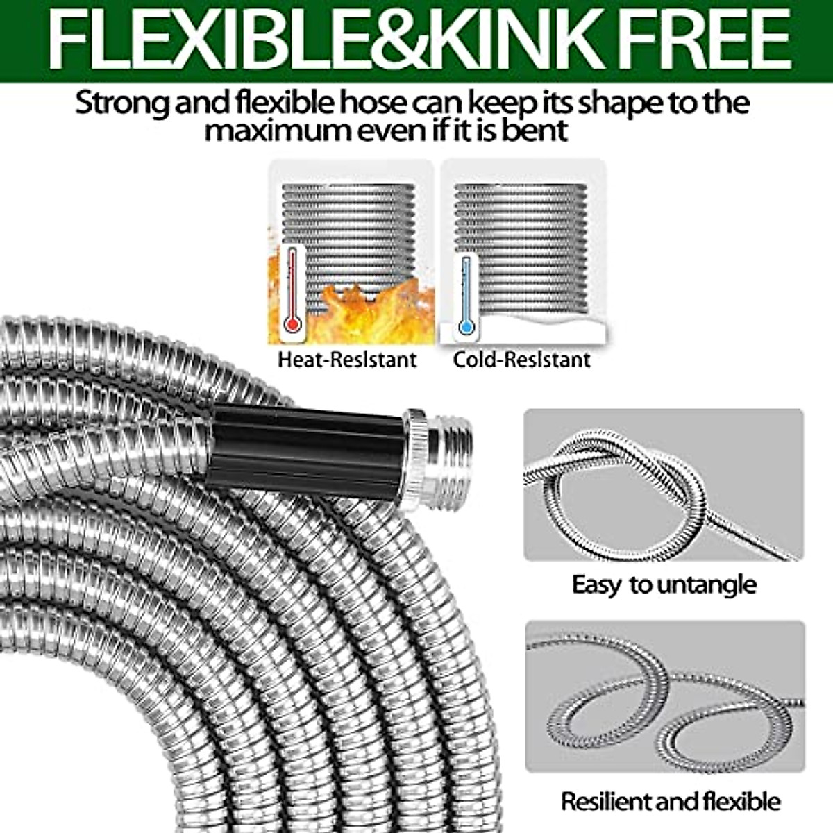 Garden Hose 50ft,304 Stainless Steel Metal Water Hose with Adjustable Nozzle, Lightweight, High Pressure, no kink explosion, no bite (50FT)