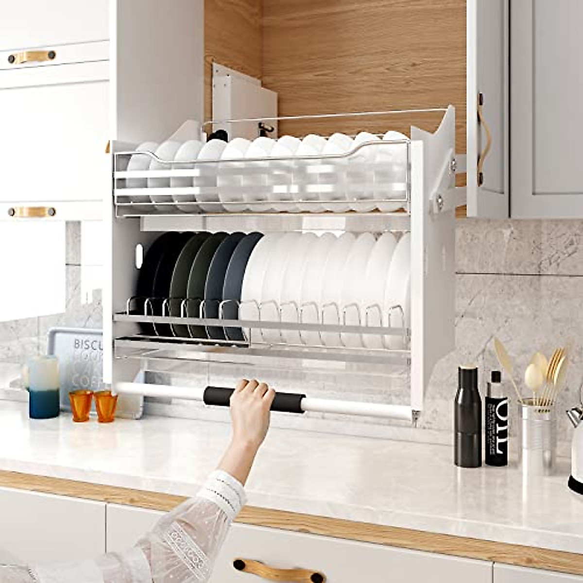 WHIFEA 2 Tier Pull-Out Cabinet Organizer Drop Down Shelf Blind Pull-Down Dish and Spice Rack System Inner Space Saving Plate for Kitchen Appliance Lift Upper Cabinet (for Cabinet Width ≥24'')