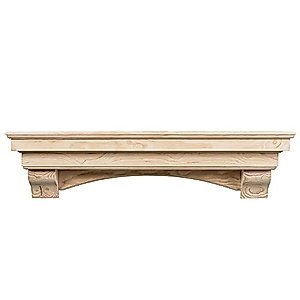 72 Inch Floating Fireplace Mantel Wood Shelf In Unfinished - Salem From Mantels Direct | Corbel Bracket Arches Included | Wooden Rustic Wall Shelf Perfect for Electric Fireplaces and Décor