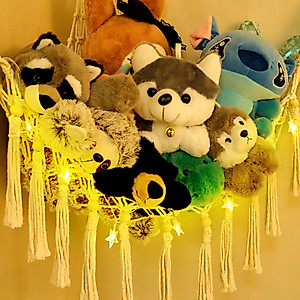 Stuffed Animal Net or Hammock with LED Light Macrame Stuffed Animal Storage Organizer Plush Animal corner Storage Doll Teddy Bear Hammock for Wall Bedroom Living Boho