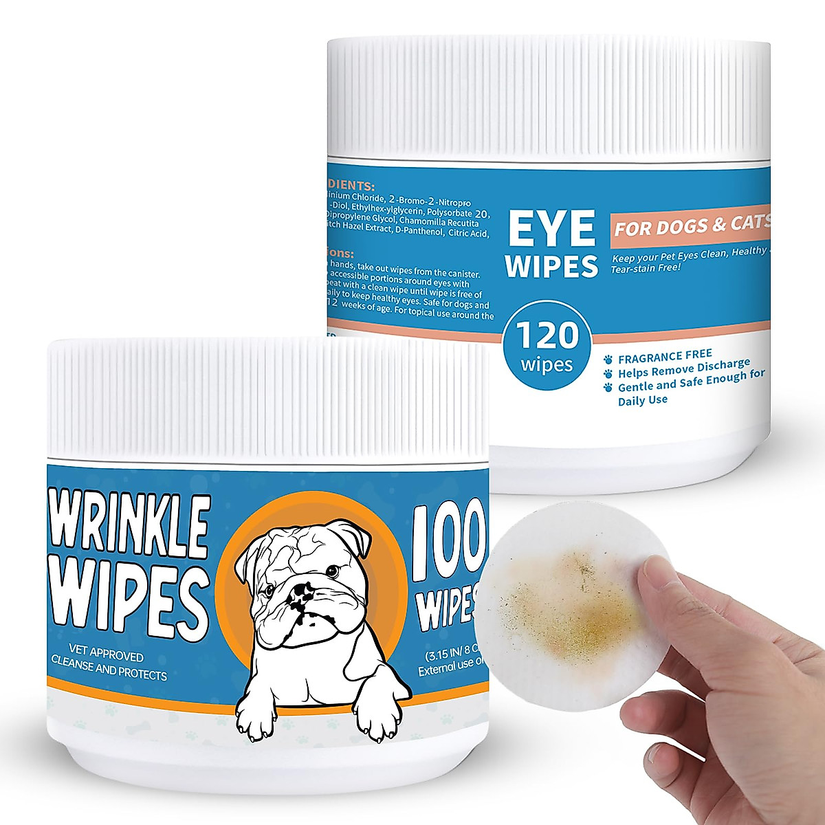 Eye Wipes (120Wipes) + Wrinkle Wipes for Bulldogs(100Wipes) - Clean Wrinkles, Tear Stains, Tail Pockets and Paws