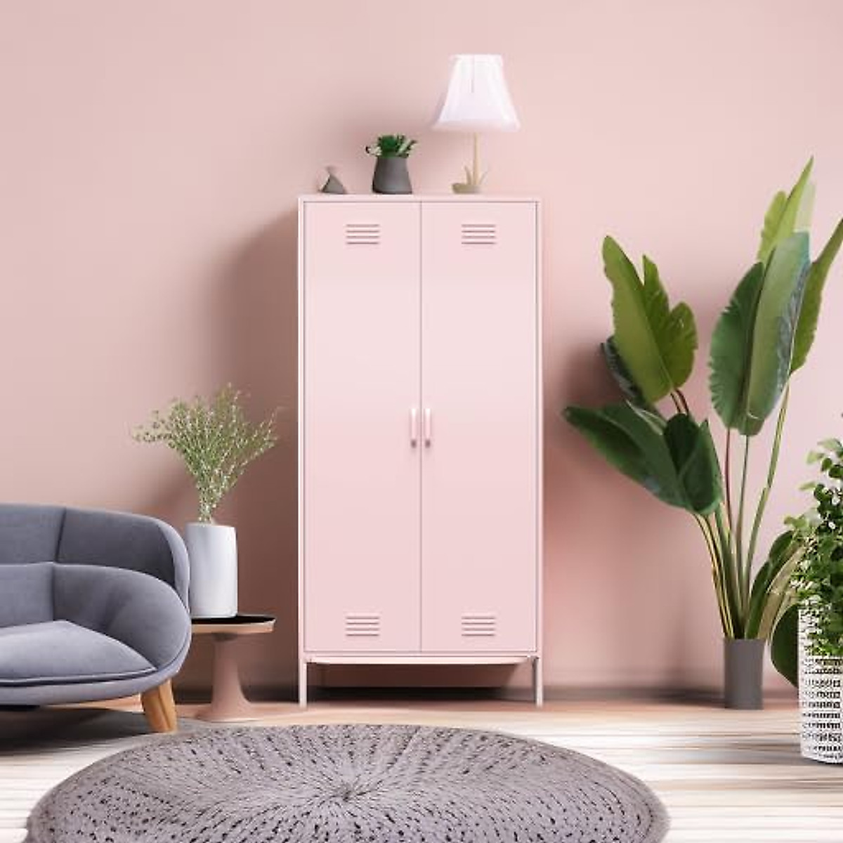 Novogratz Cache 2 Door Tall Metal Locker Style Storage Cabinet, Bashful Pink