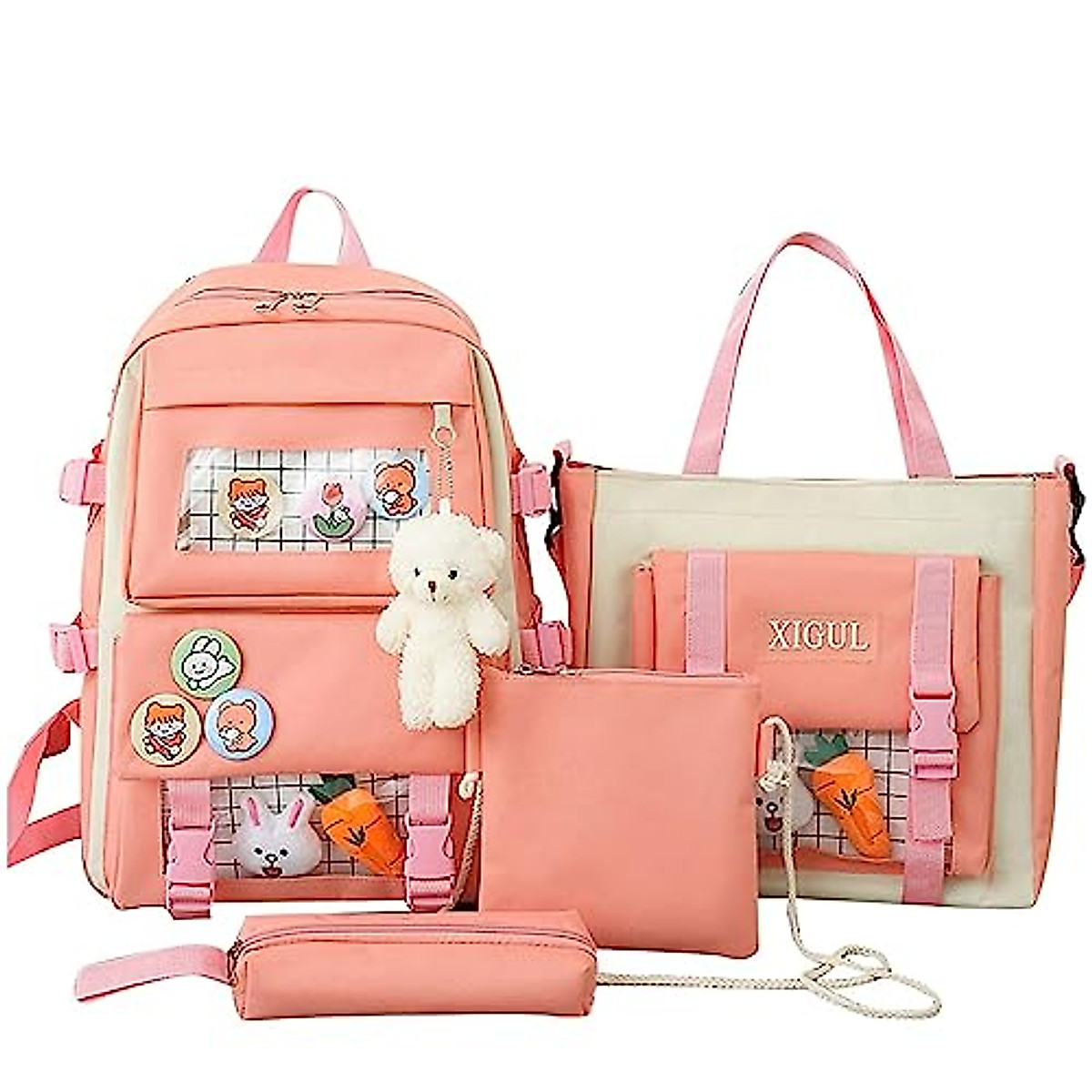 AG AGUU Kawaii Backpack with Pendants and Pins Accessories 4Pcs Sets Rucksack Bag for Women Aesthetic Canvas Daypacks(Pink)