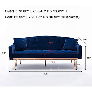 SLEERWAY Velvet Futon Sofa Bed with Two Pillows, Modern Sleeper Sofa Couch with 3 Adjustable Angles, Convertible Loveseat for Living Room and Bedroom, Blue