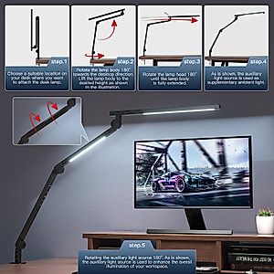 AmazLit Desk Lamp, Desk Light with Clamp, Stepless Dimming & Adjustable Color Temperature Modern Eye-Caring Architect Lamp with Memory & Timing Function for Study, Work, Home, Office, 15W