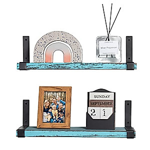 LAVIEVERT Wall Mounted Floating Shelves Set of 2, Rustic Wood Storage Rack with Industrial L-Shaped Metal Bracket for Bedroom, Living Room, Bathroom, Kitchen, Office - Rustic Blue