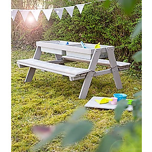 roba: Picnic Play Table Set - Grey - with Play Tubs & Storage Compartment, Weatherproof Solid Wood, Bench Seats & Mud Table, Toddler & Kids, Ages 1+