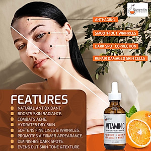 Nuventin Pure Vitamin C Facial Serum Skin Care Anti-Aging Moisturizer Vitamin C Face Booster W/Antioxidants For Dry Skin, Age Spots, Sun Damaged Skin, Wrinkle Repair, & Uneven Skin Tone, 1.75 Fl Oz