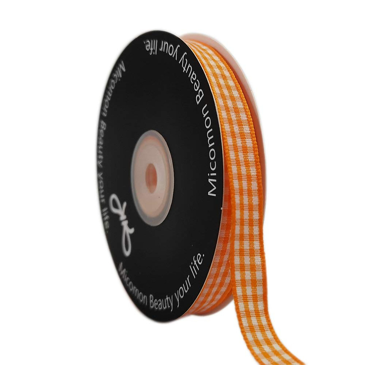 Micomon Orange Gingham Plaid Checked Ribbon 25 Yard Each Roll 100% Polyester (3/8", Orange)