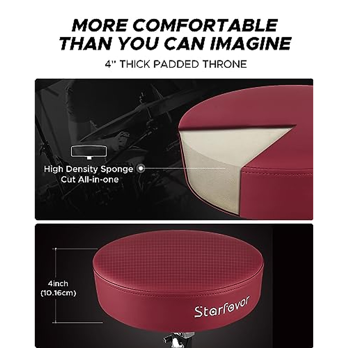 Starfavor Drum Throne Adjustable, Drum Stool Padded Drum Seat, Rotatable Drum Chair with Double Braced Anti-Slip Feet, Crimson Color, Red, ST-650 Stone