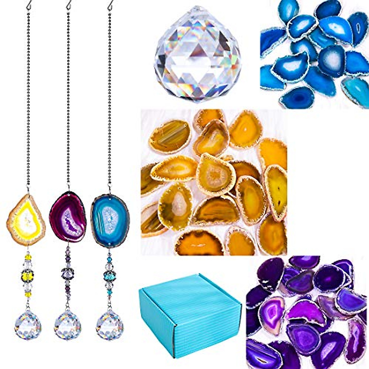 H&D HYALINE & DORA Pack 3pcs Suncatcher Hanging 30mm Crystal Ball with Agate Slices Wind Chimes Ornaments Decor for Window Home Garden