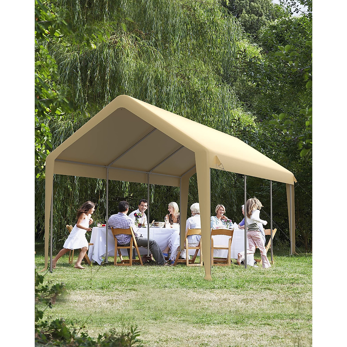 DEXSO Carport 10'x20' Heavy Duty Canopy, 1.0 mm Steel Poles & 14 mil PE Tarp, with Front & Rear Doors, 2 Side Doors, and 4 Windows Screen, Portable Garage for Pickup Truck, and Boat, Khaki