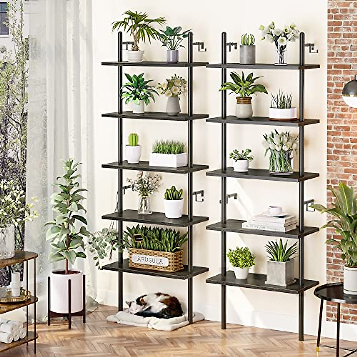 Bestier 70" Ladder Shelf Wall Mounted Industrial 5 Tier Bookshelf Plant Flower Shelf with Round Metal Tube 2 Hooks for Wall Storage Display in Home Office,Kitchen,Bathroom,Black