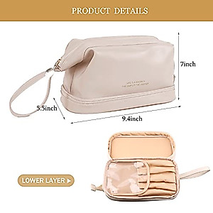 Abiudeng Large Makeup Bag,Double Layer Cosmetic Bag,Travel Makeup Bag,Leather Makeup Bag, Cosmetic Travel Bags,Portable Leather Toiletry Bag,Roomy Cosmetic Bag for Women and Girls.White