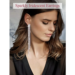 FOCALOOK Rhinestone Earrings for Women Sparkly Prom Earrings Long Dangle Drop Iridescent Earrings
