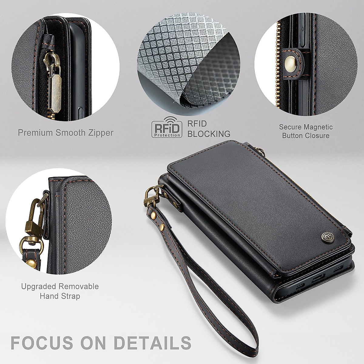 Defencase for iPhone 15 Case,【RFID Blocking】 for iPhone 15 Wallet Case for Women Men with Credit Card Holder Slots Zipper Pocket Book Flip PU Leather Protective Cover for iPhone 15 Phone Case, Black