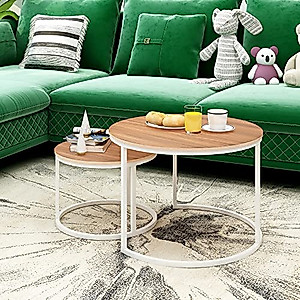 Round Nesting Coffee Table Modern Nesting Side Set of 2 End Table, for Living Room Balcony Garden, etc,Round Wooden Accent Coffee Table with Solid Powder-Coated Metal Frame (Teak)