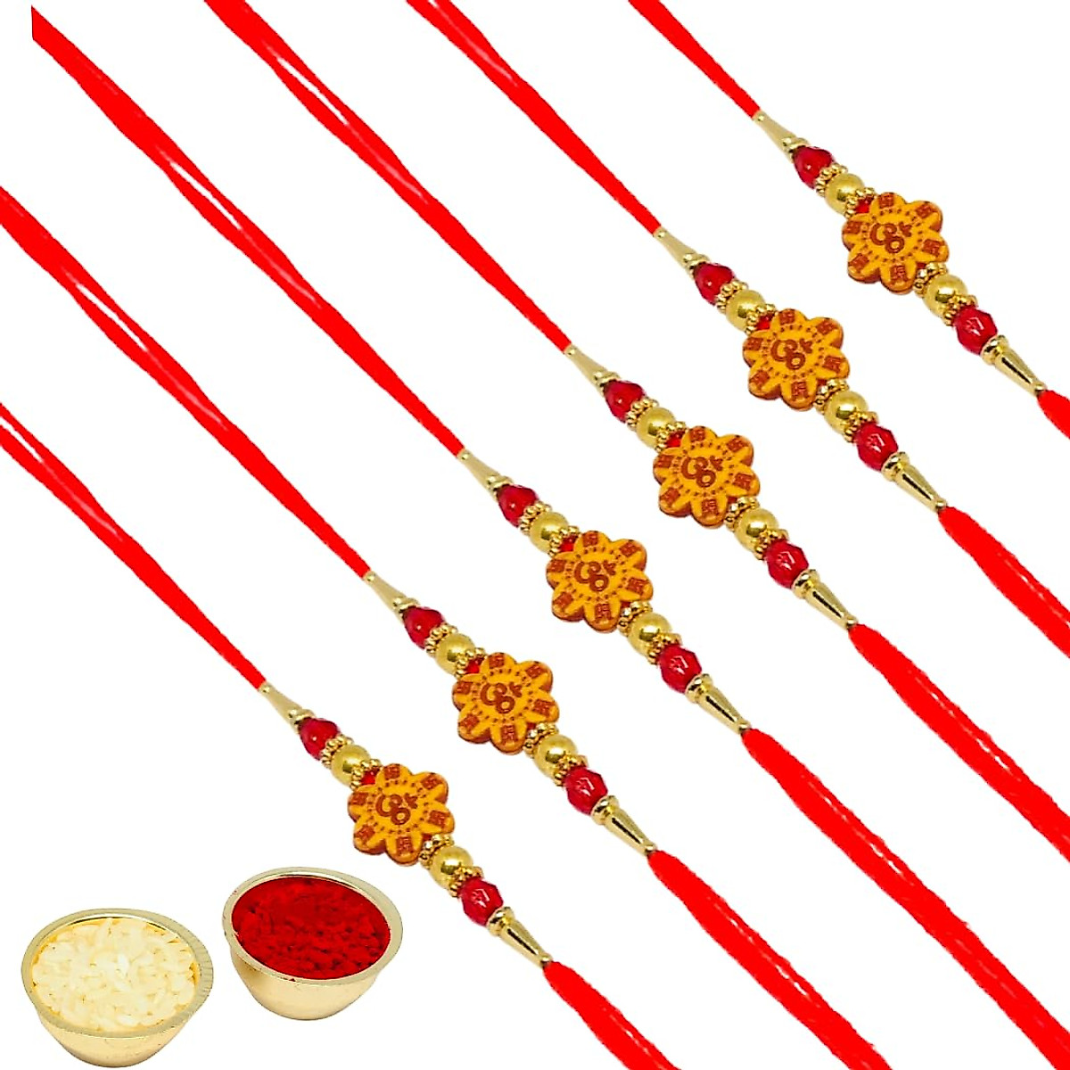 KHANDEKAR Set of 6 Pc OM with Swastik Pendant Rakhi for Brother Bhaiya Bhabhi Traditional Handmade Premium Quality Designer Rakhi Set with Roli Chawal, Rakhi Thread Rakhdi Bracelets