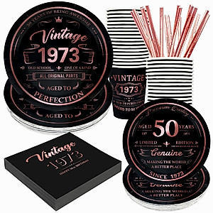 50th Birthday Decorations for Women, Vintage 1973 Black and Rose Gold Disposable Paper Plates and Napkins Party Supplies for 24 Guests, 120 Pcs Include 7" and 9" Plates, 9oz Cups, Napkins and Straws