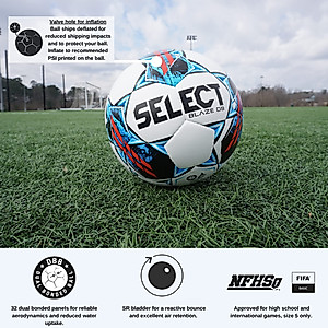 Select Blaze DB V22 Soccer Ball, 8-Ball Pack with Duffle Ball Bag and Hand Pump, White/Red/Blue, Size 5