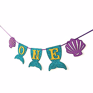 Hongkai Mermaid Inspired 1st Birthday Banner Decorations, Handmade ONE Banner, Highchair Banner Party Decoration One High Chair Sign baby First Birthday Decorations Supplies