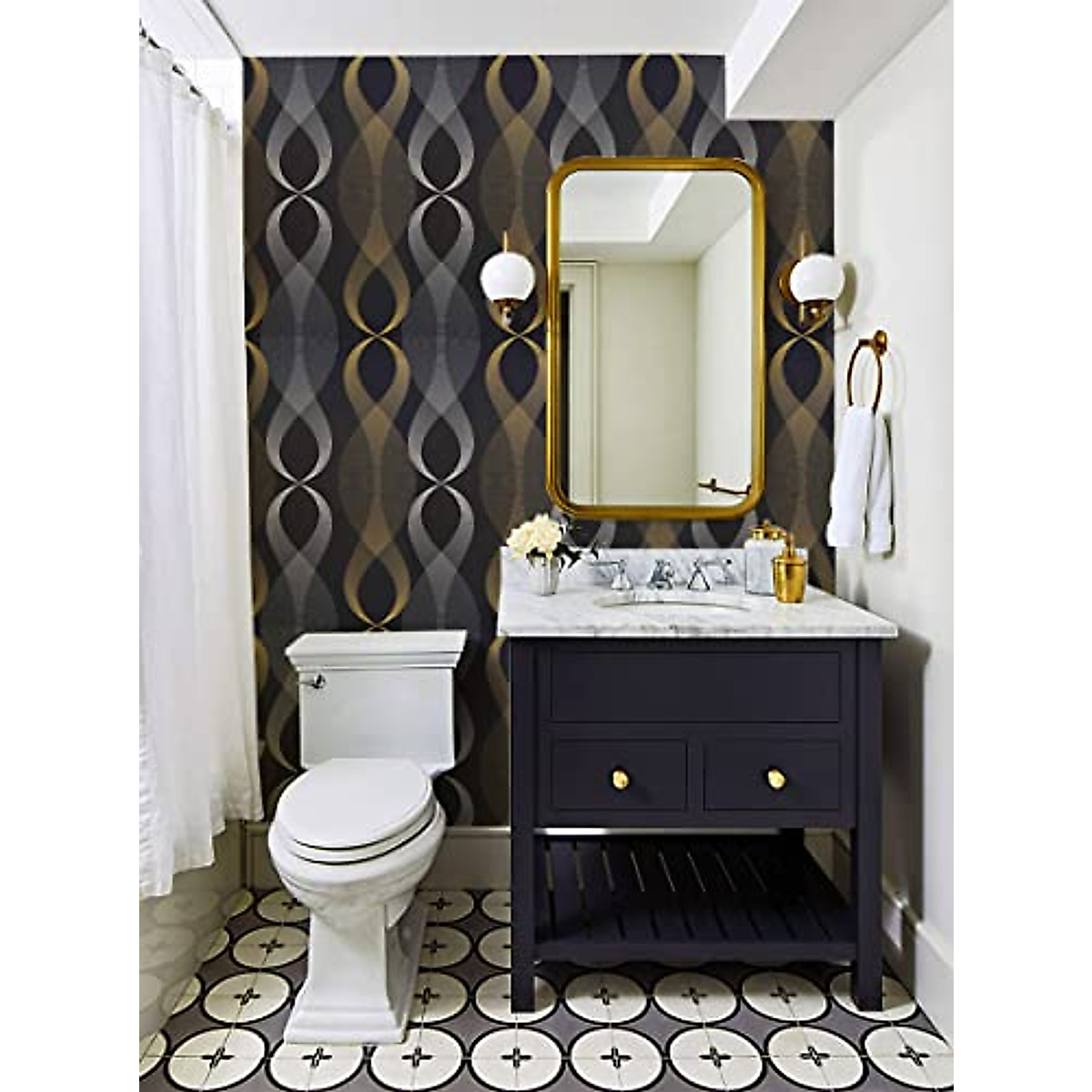 393"x17.7"Peel and Stick Wallpaper Black Fashion Curves Removable Paper Self Adhesive Wallpaper Decorative for Walls Cabinets Vinyl Film