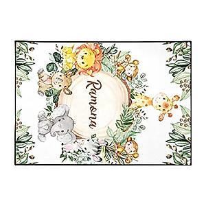 Personalized Cute Greenery Wild Jungle Safari Animals 5.2'x7.5' Non-Slip Area Rug with Name Text Custom Carpet Floor Mat for Boy Girl Teen Mom Dad Birth Christmas