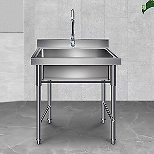 MARQI Commercial Catering Sink, Freestanding Stainless Steel Single Bowl Sink W/Faucet, Kitchen Restaurant Hotel Storage Shelf