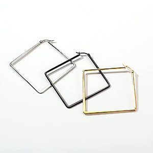 3 Pairs Big Square Hoop Earrings for Women, Geometric Symmetrical Flat Stainless Steel Plated in Gold-Silver-Black, 70mm