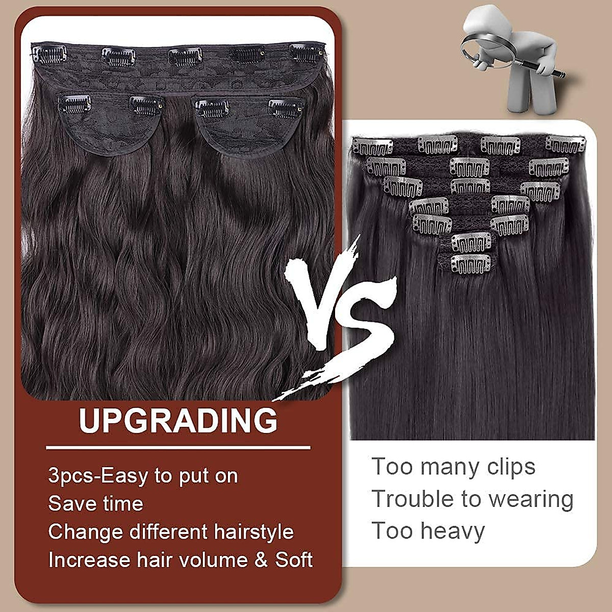 DeeThens Clip in Hair Extensions Long Dark Brown Hair Extensions for Women Wavy Synthetic Thick Hair Extensions Full Head Invisible 3pcs (Dark Brown)