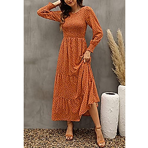 Kranda Fall Dresses for Women 2023 Round Neck Puff Long Sleeve Dress Smocked Ruffle Tiered Floral Maxi Dress Camel S