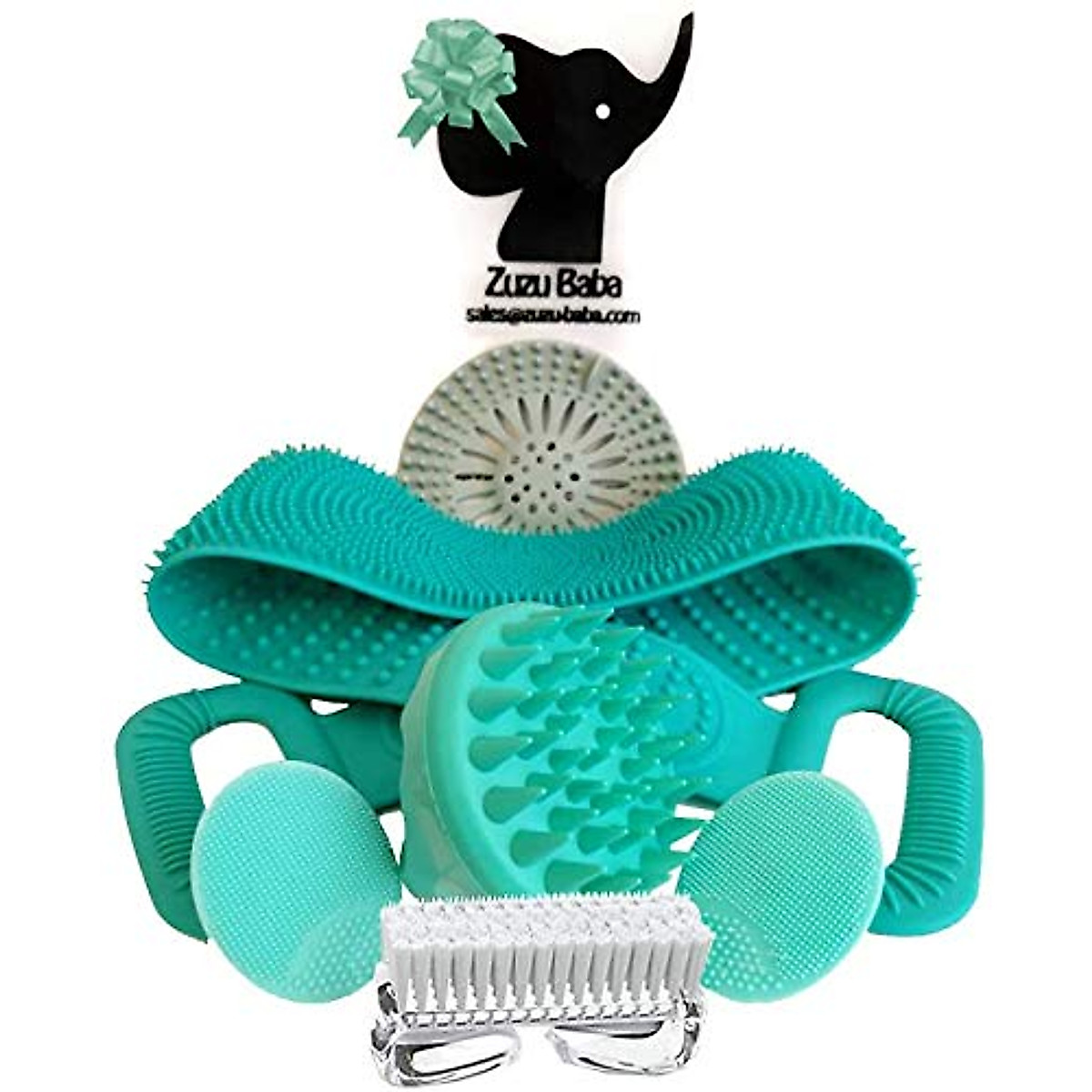 Zuzu Baba 6 Piece Full Body Spa Kit Scalp Massager Silicone Back Scrubber Facial Cleanser Nail Brush Hair Catcher Multifunction Women Men Kids Pets Bundle. Massage Exfoliating Cleansing.